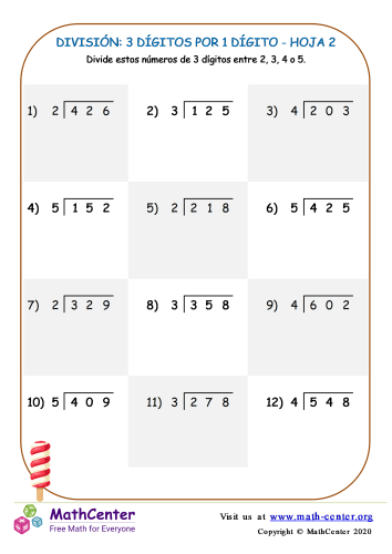 División: 3 Dígitos Por 1 Dígito Hoja 2 | Hojas de trabajo | Math Center