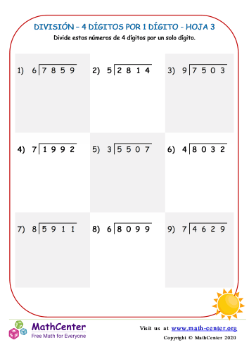 División – 4 Dígitos Por 1 Dígito Hoja 3 | Hojas de trabajo | Math Center