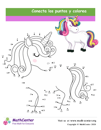 Conecta los puntos Hasta 64 - Unicornio | Actividades para Colorear ...