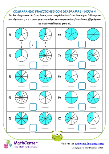Cuarto grado Hojas de trabajo: Comparar Fracciones | Math Center