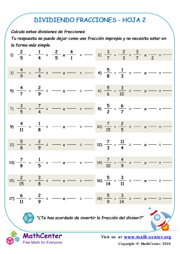Quinto Grado Hojas de trabajo: Dividir Fracciones | Math Center