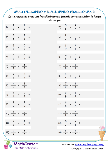 Quinto Grado Hojas de trabajo: Multiplicar Fracciones | Math Center