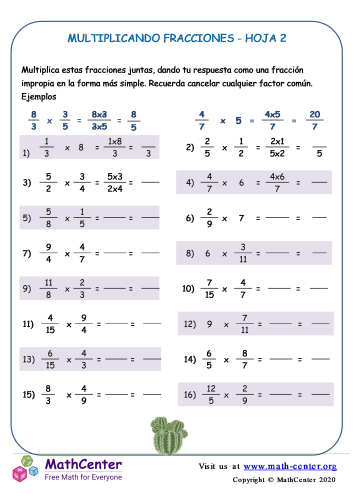 Multiplicando Fracciones Hoja 2 | Hojas de trabajo | Math Center