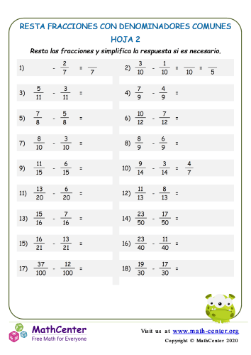 Cuarto grado Hojas de trabajo: Restar Fracciones | Math Center