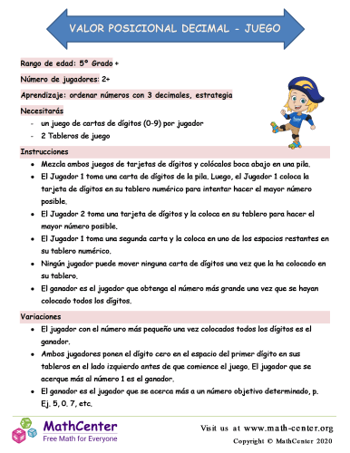 Valor Posicional Decimal Juego | Juegos | Math Center