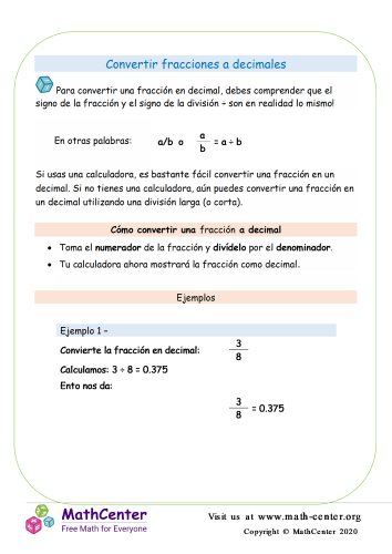 Convirtiendo Fracciones A Decimales | Hojas de aprendizaje | Math Center
