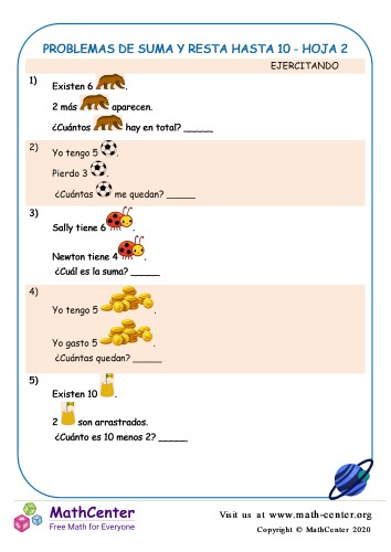 Problemas De Suma Y Resta Hasta 10 Hoja 2 | Hojas de trabajo | Math Center