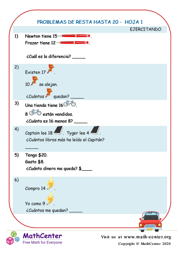 Primer Grado Hojas de trabajo: Problemas de Restas | Math Center