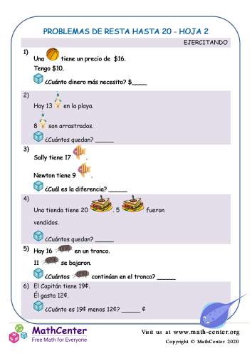 Problemas De Resta Hasta 20 Hoja 2 | Hojas de trabajo | Math Center