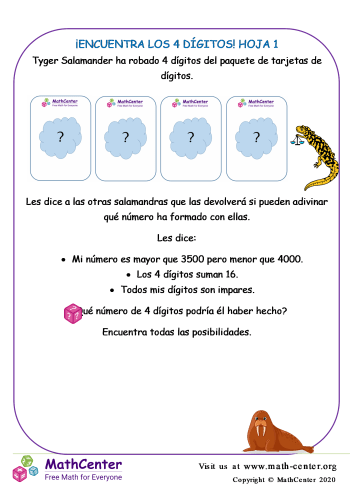 ¡Encuentra Los 4 Dígitos! Hoja 1 | Hojas de trabajo | Math Center