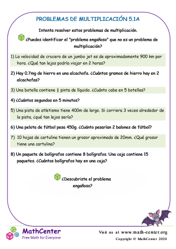Problemas De Multiplicación 5.1A | Hojas de trabajo | Math Center