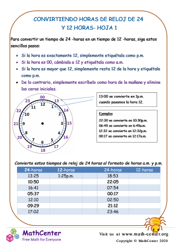 Convirtiendo 24- A Formato De Reloj De 12 Horas Hoja 1 | Hojas de ...