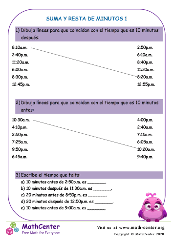 Segundo Grado Hojas de trabajo: Sumar y Restar Tiempos | Math Center