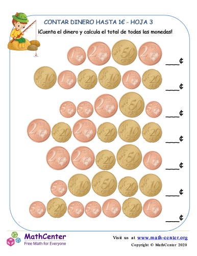 Contar Dinero Hasta 1€ - Hoja 3 | Hojas de trabajo | Math Center