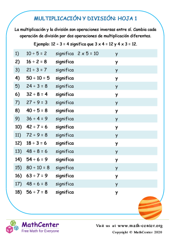 Multiplicación Y División: Datos Hoja 1 | Hojas de trabajo | Math Center