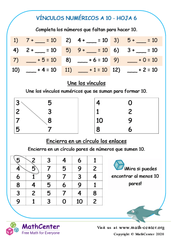 Vínculos Numéricos A 10 Hoja 6 | Hojas de trabajo | Math Center