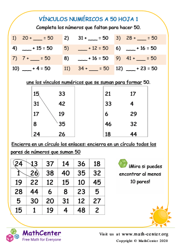 Vínculos Numéricos A 50 Hoja 1 | Hojas de trabajo | Math Center