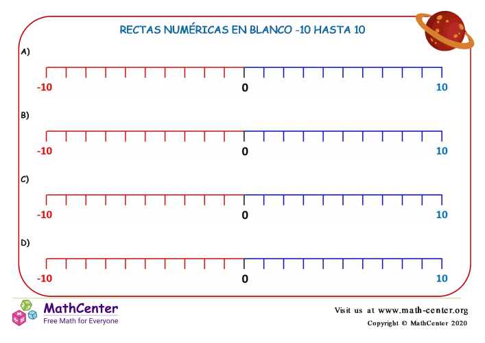 Rectas numéricas en blanco: Del -10 al 10 Horizontal N°4 | Hojas de ...