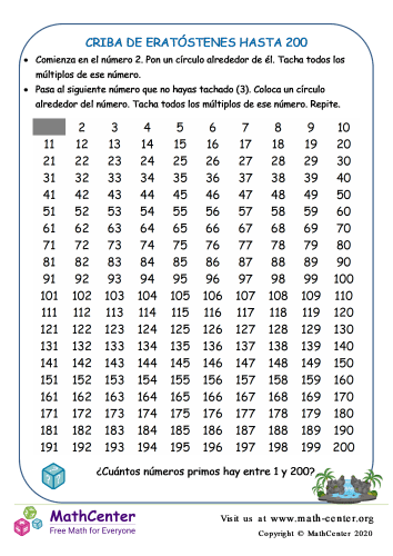Criba De Eratóstenes Hasta 200 | Hojas de trabajo | Math Center