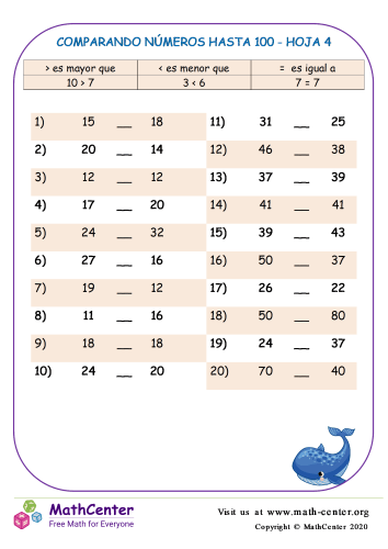 Comparando Números Hasta 100 Hoja 4 | Hojas de trabajo | Math Center