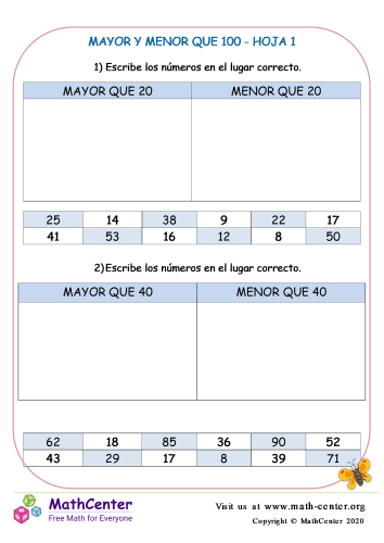 Mayor Que Menos Que 100 Hoja 1 | Hojas de trabajo | Math Center