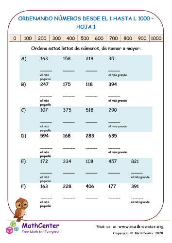 Ordenando Números Desde El 1 Hasta El 1000 Hoja 1 | Hojas de trabajo ...
