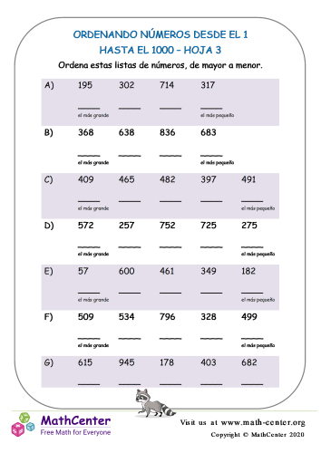 Ordenando Números Desde El 1 Hasta El 1000 Hoja 3 | Hojas de trabajo ...