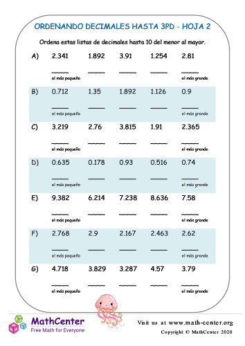 Ordenando Decimales Hasta 3Pd Hoja 2 | Hojas de trabajo | Math Center