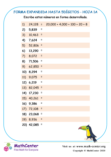 Forma Expandida Hasta 5Dígitos Hoja 1A | Hojas de trabajo | Math Center