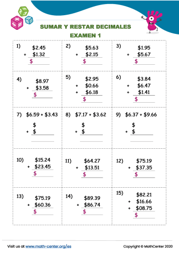 Sumar Y Restar Decimales Examen 1 | Pruebas | Math Center