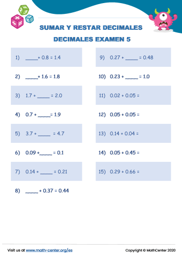 Sumar Y Restar Decimales Examen5 | Pruebas | Math Center