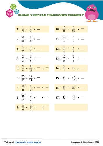 Quinto Grado Pruebas: Restar Fracciones | Math Center