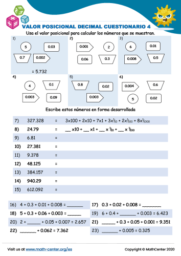 Valor Posicional Decimal Cuestionario 4 | Pruebas | Math Center