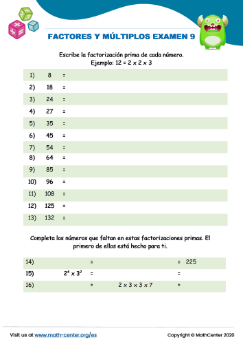Factores Y Múltiplos Examen 9 | Pruebas | Math Center