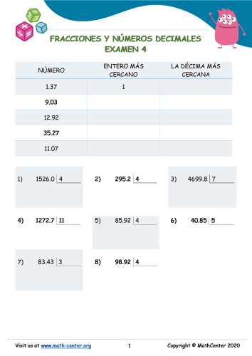 Fracciones Y Números Decimales Examen 4 | Pruebas | Math Center