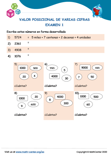 Valor Posicional De Varias Cifras Examen 1 | Pruebas | Math Center