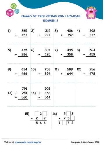 Segundo Grado Pruebas: Sumas de Dos Cifras Con Llevadas | Math Center