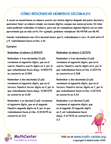 Cómo Redondear Números Decimales | Hojas de aprendizaje | Math Center