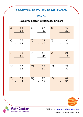 2 Dígito - Resta Sin Reagrupación - Hoja 1 | Hojas de trabajo | Math Center