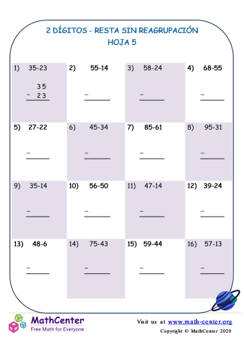 2 Dígito - Resta Sin Reagrupación - Hoja 5 | Hojas de trabajo | Math Center