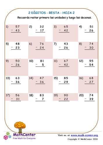 2 Dígito - Resta - Hoja 2 | Hojas de trabajo | Math Center