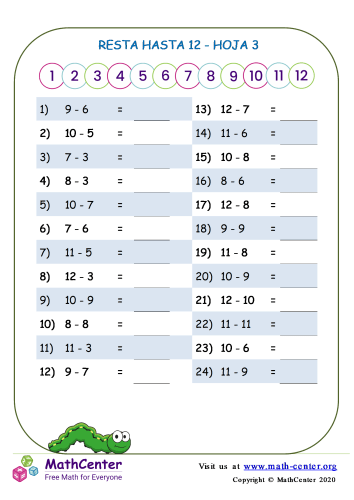 12 Resta hasta 12 - Hoja 3 | Hojas de trabajo | Math Center