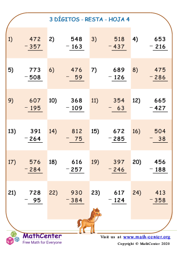 3 Dígito - Resta - Hoja 4 | Hojas de trabajo | Math Center