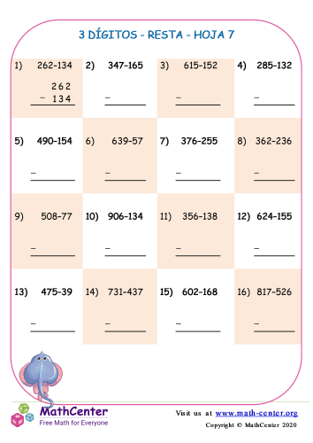 Tercer Grado Hojas de trabajo: Restas de Tres Cifras Con Llevadas | Math Center