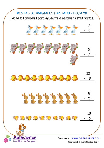 Sustracción De Animales Hasta 10 Hoja 5B | Hojas de trabajo | Math Center