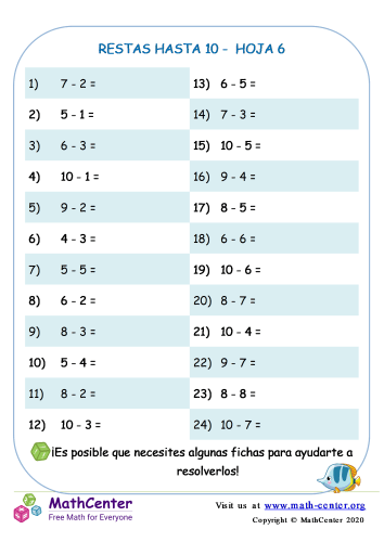 Resta Hasta 10 Hoja 6 | Hojas de trabajo | Math Center
