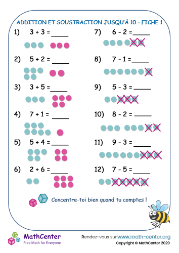 Addition et soustraction à 10 fiche 1 | Fiches de travail | Math Center