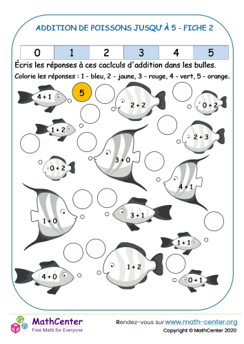 Addition de poissons dans 5 fiche 2 | Fiches de travail | Math Center
