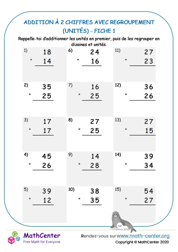 Addition à 2 chiffres avec regroupement (unités) - fiche 1 | Fiches de ...