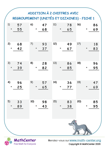 Addition à 2 chiffres avec regroupement (unités et dizaines) - fiche 1 ...
